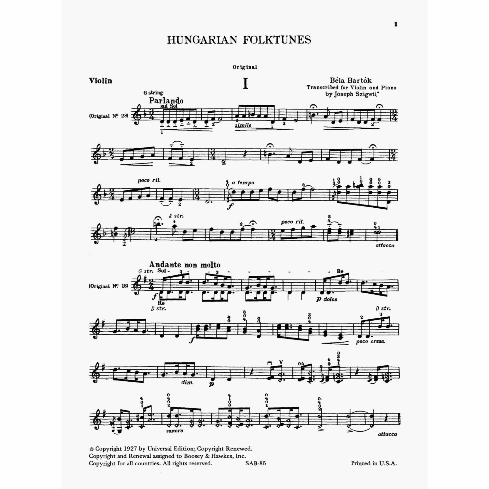 Bartok - Hungarian Folktunes for Violin and Piano - Southwest Strings