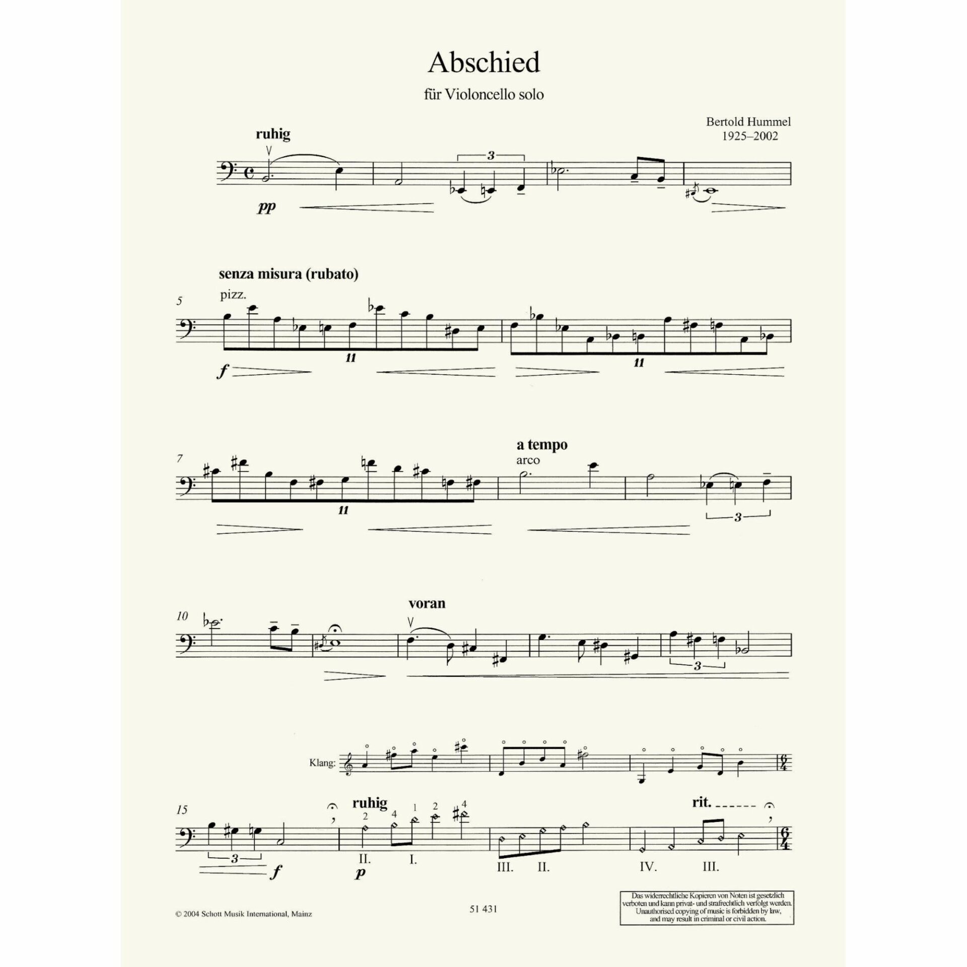 Hummel - Abschied for Solo Cello - Southwest Strings