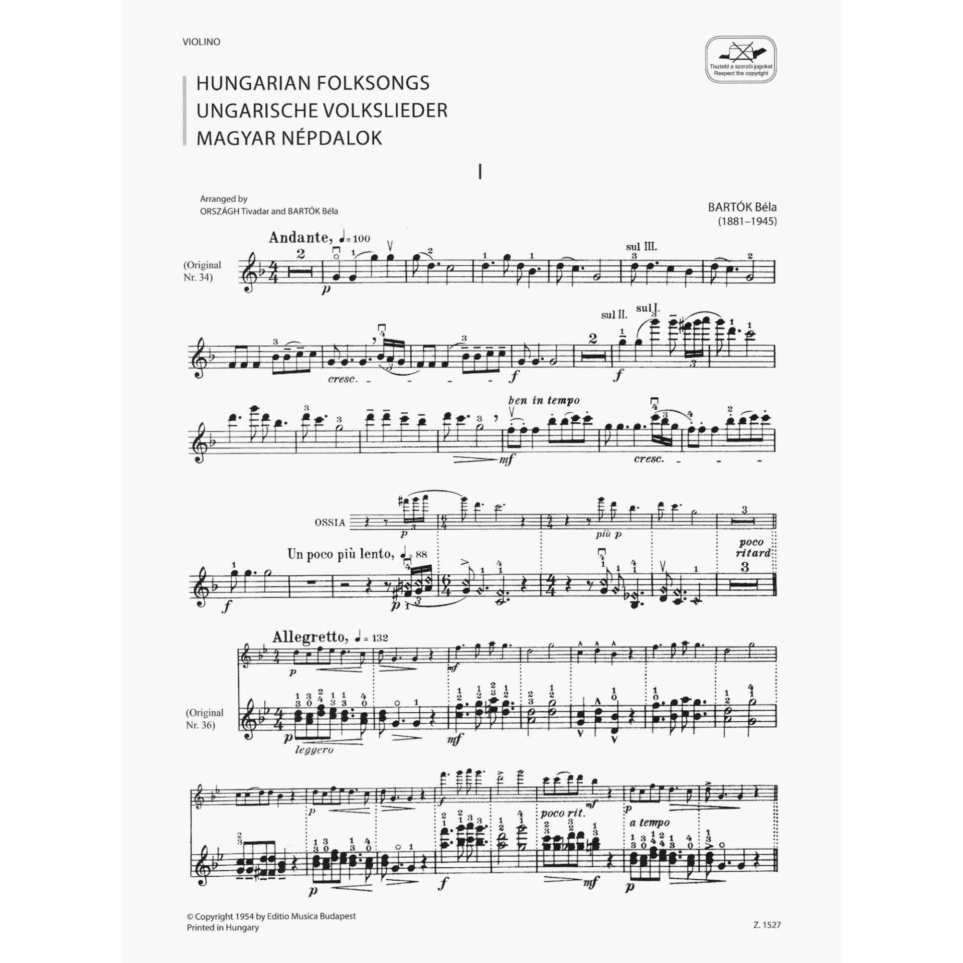 Bartok - Hungarian Folksongs for Violin and Piano - Southwest Strings