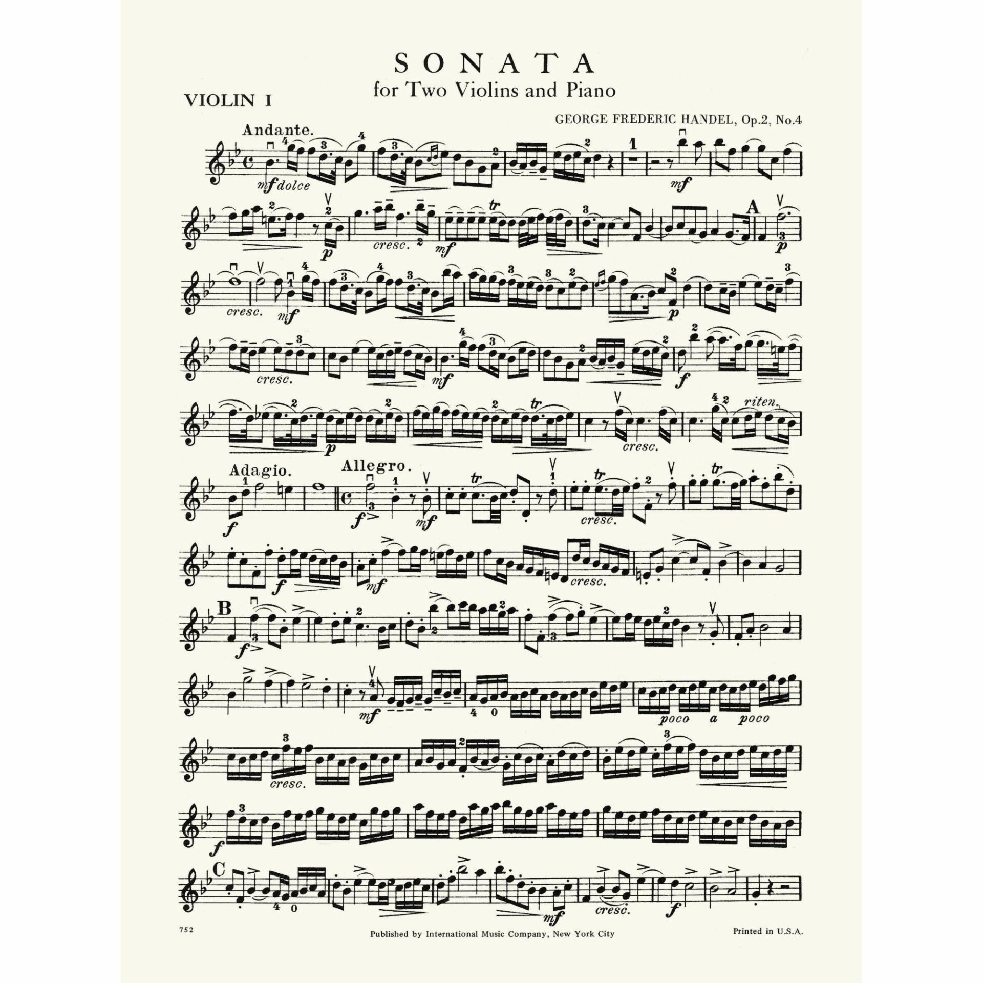 Handel - Sonata in B-flat Major, Op. 2, No. 4 for Two Violins and Piano ...