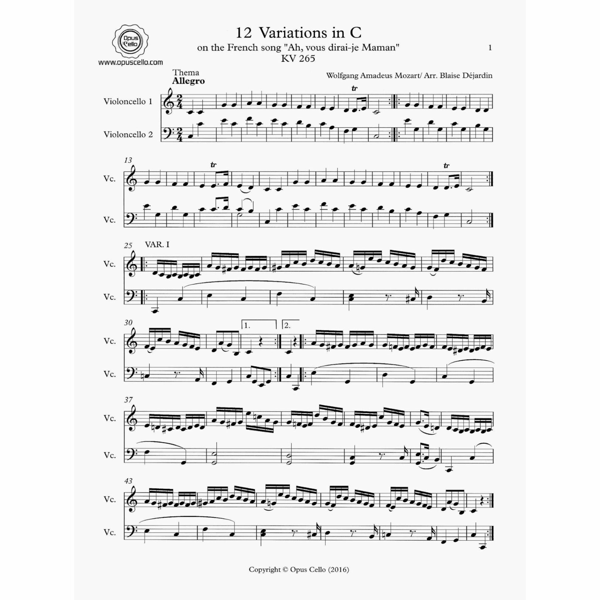 Mozart - 12 Variations in C for Two Cellos - Southwest Strings