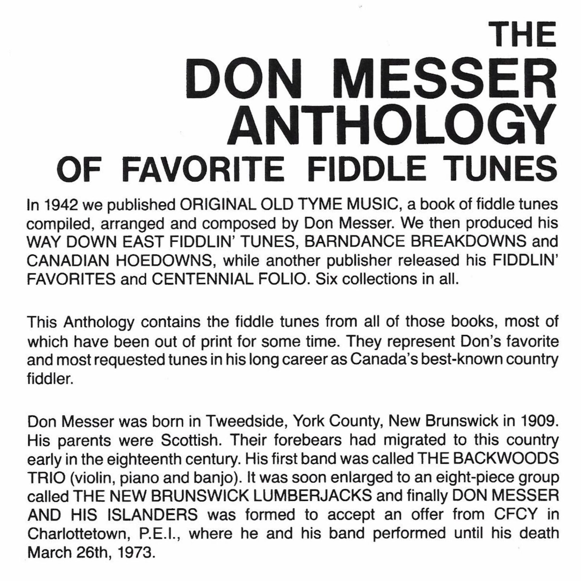 The Don Messer Anthology of Favorite Fiddle Tunes - Southwest Strings